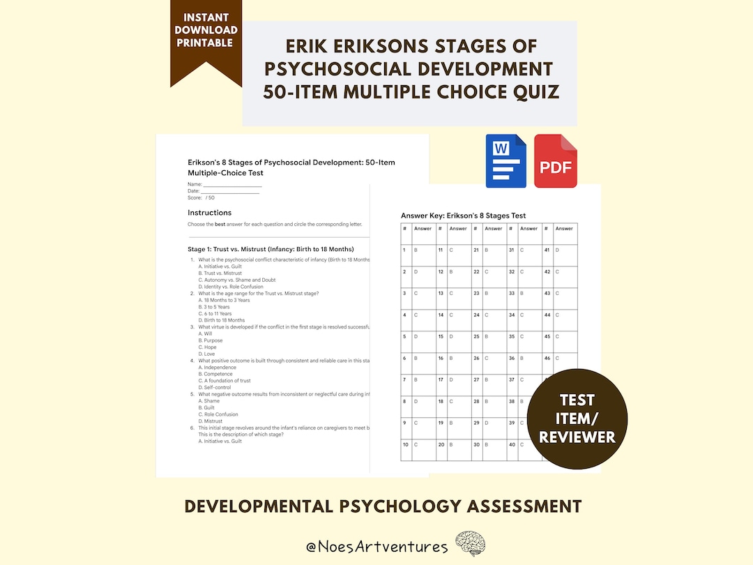 Erik Erikson 8 Stages of Psychosocial Development Test 50 Item Multiple ...
