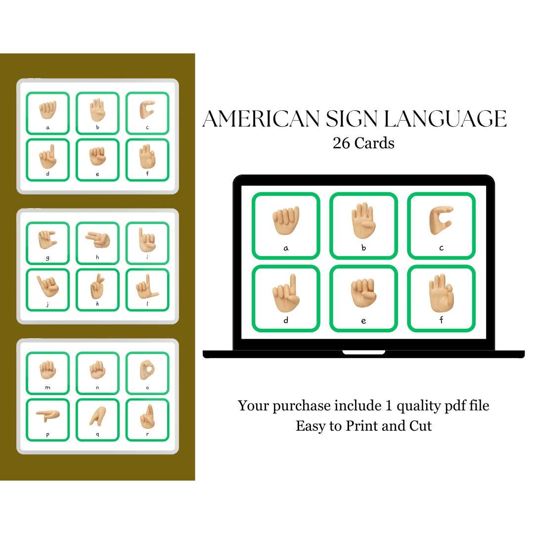 ASL American Sign Language Alphabet Flashcards in Green White Simple ...
