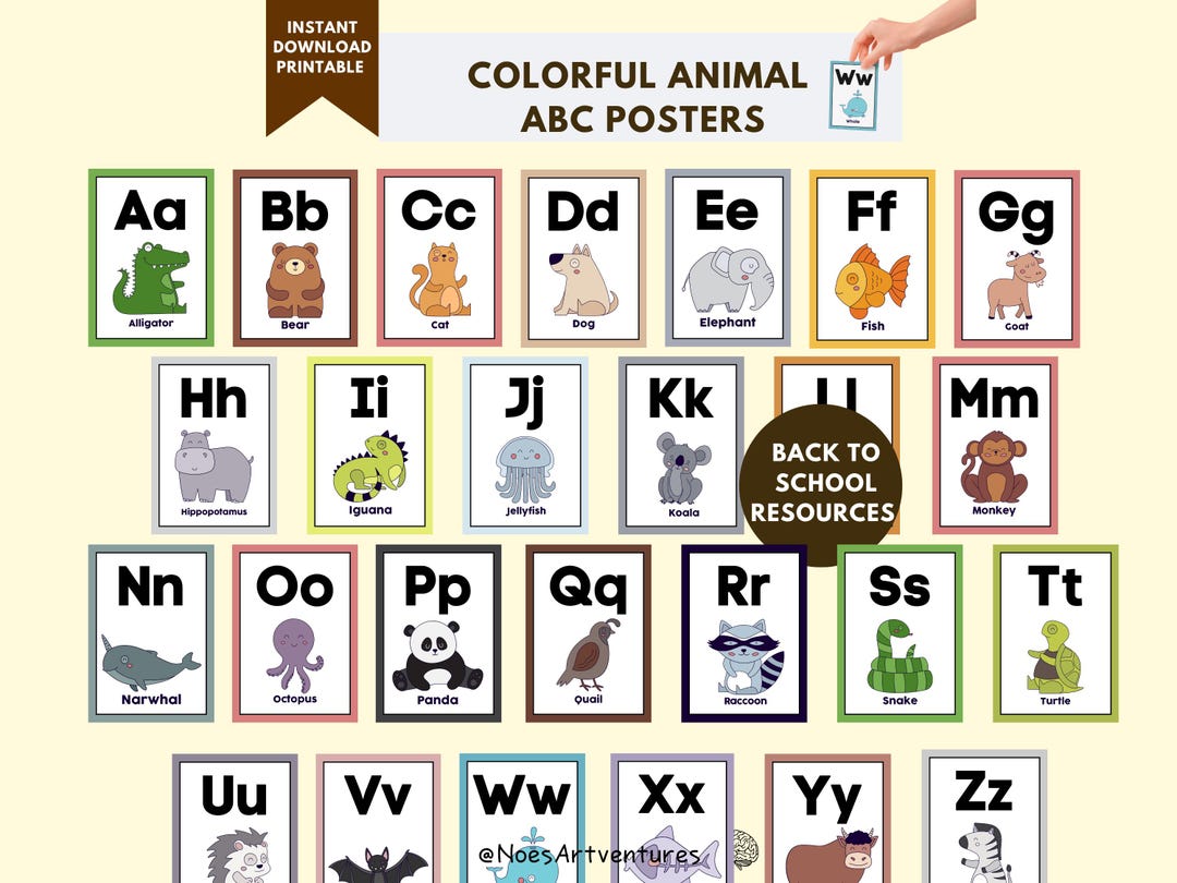 Colorful Handdrawn Animal ABC Posters Educational Alphabet Art for Kids ...
