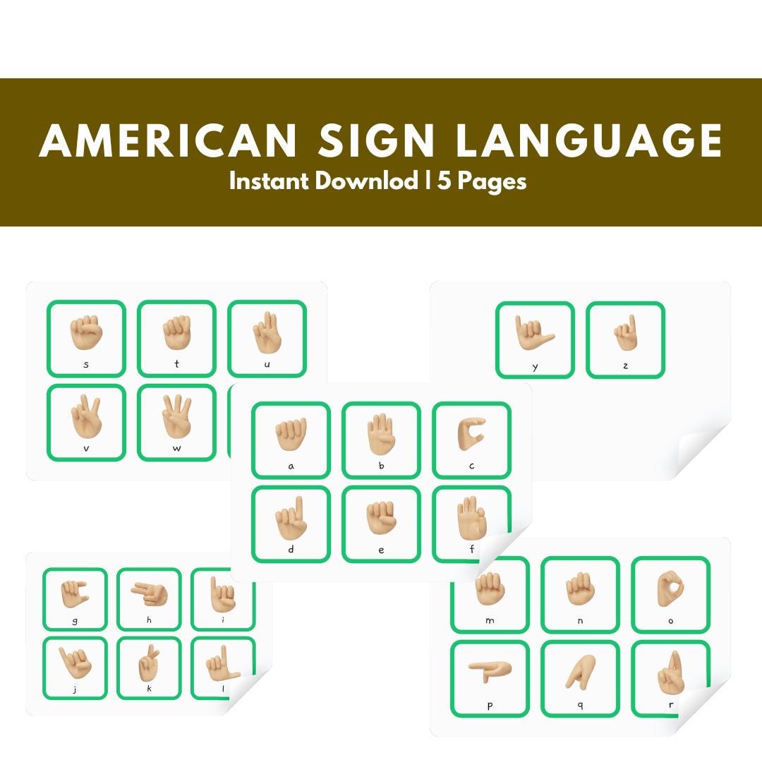 ASL American Sign Language Alphabet Flashcards in Green White Simple ...