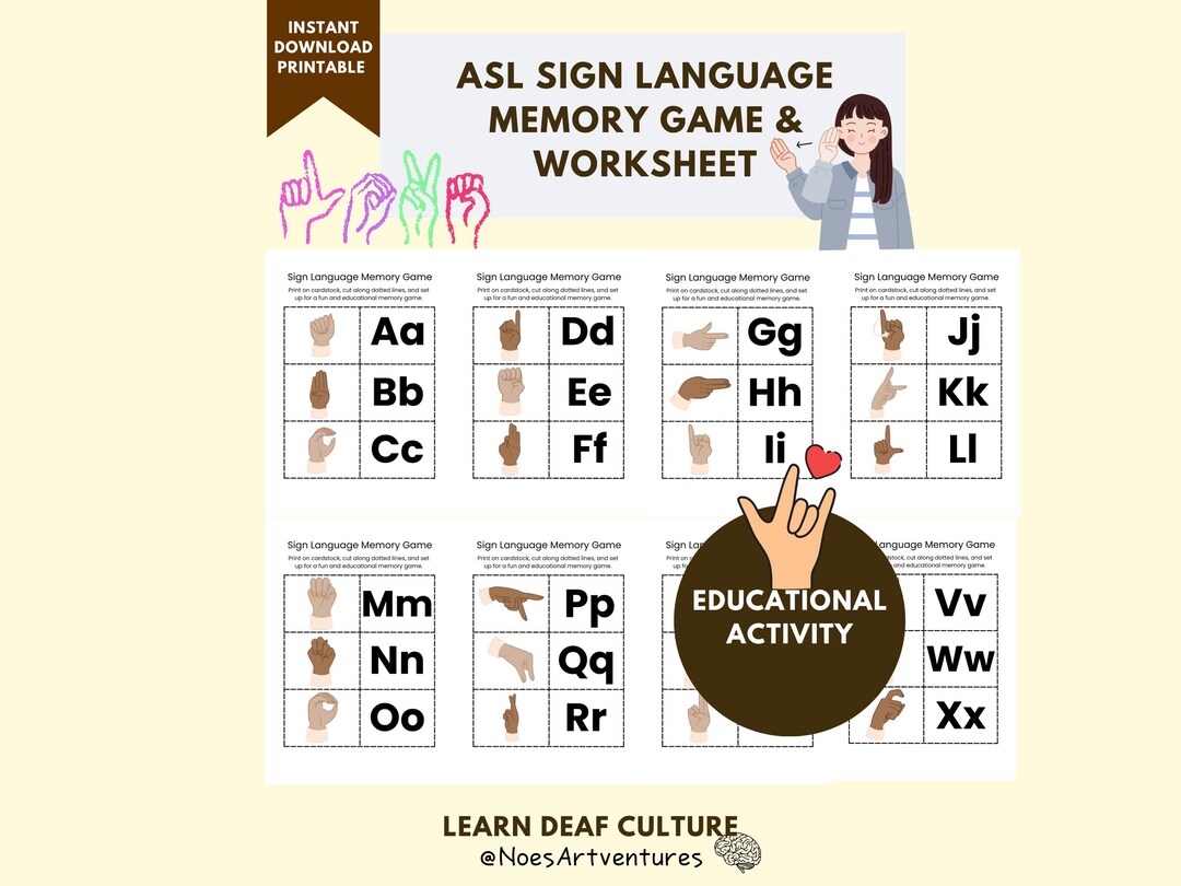 ASL Sign Language Memory Game Worksheet Printable Educational Activity ...