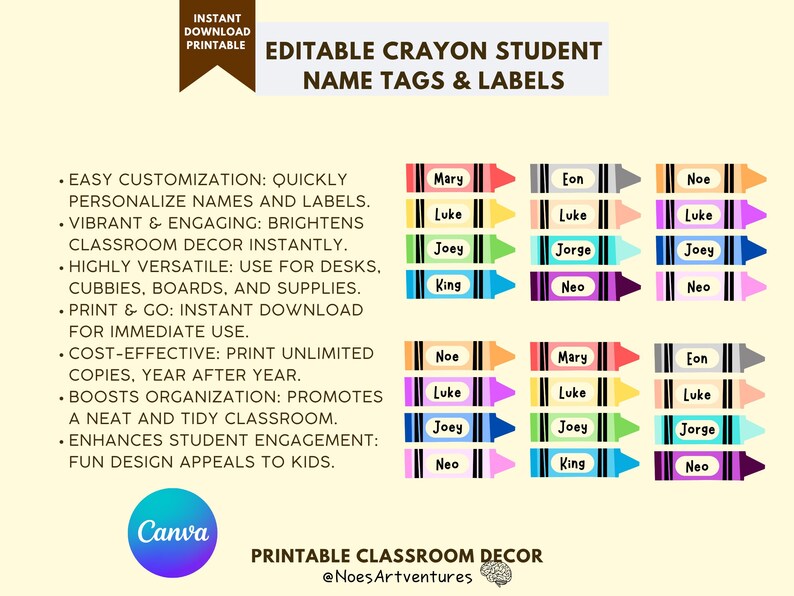 Editable Crayon Student Name Tags Labels Printable Classroom Decor for ...