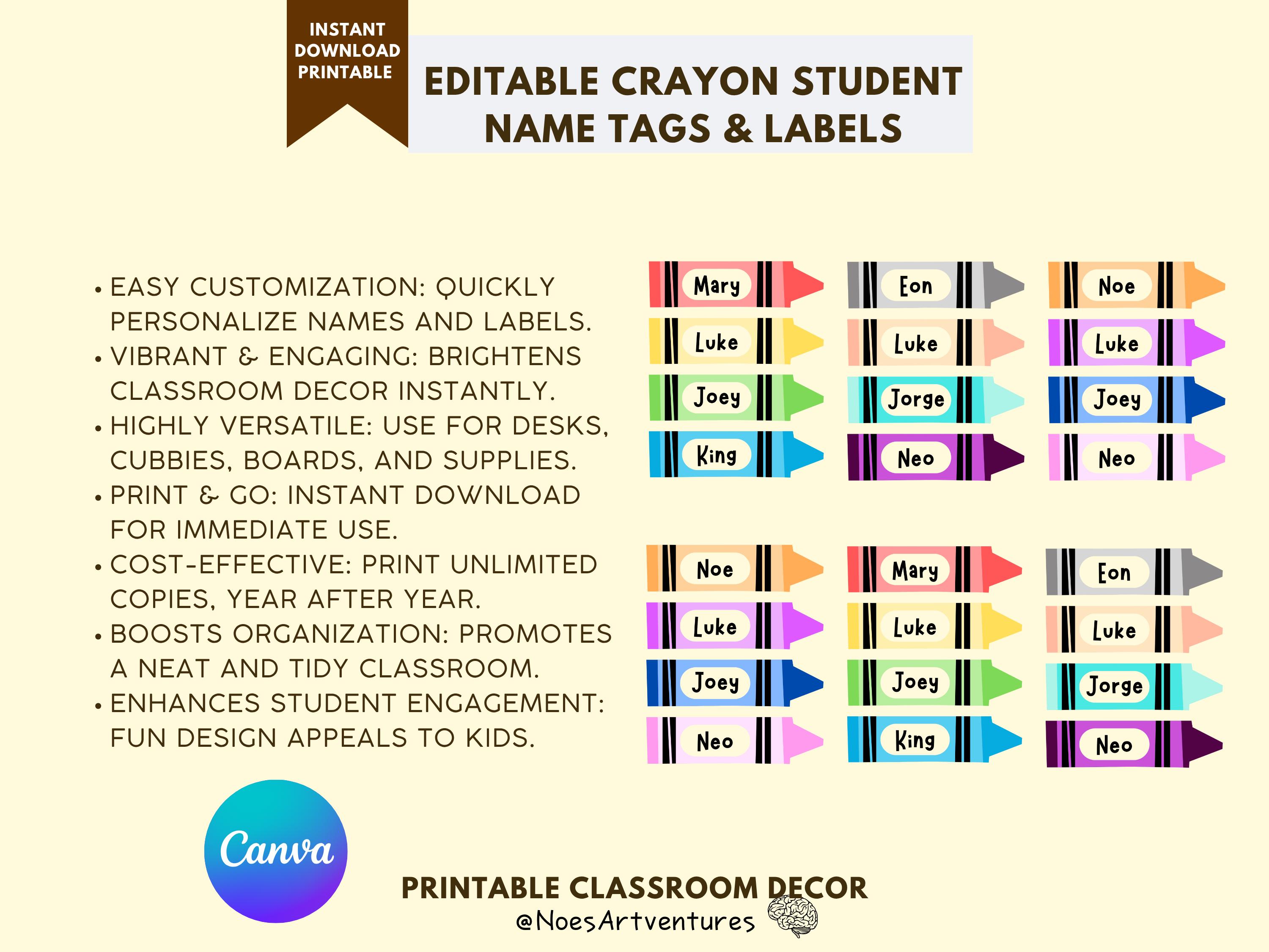 Editable Crayon Student Name Tags Labels Printable Classroom Decor for ...