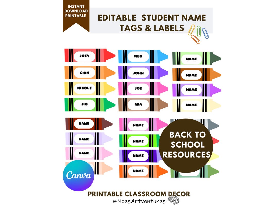 Editable Crayon Student Name Tags Labels Printable Classroom Decor for ...