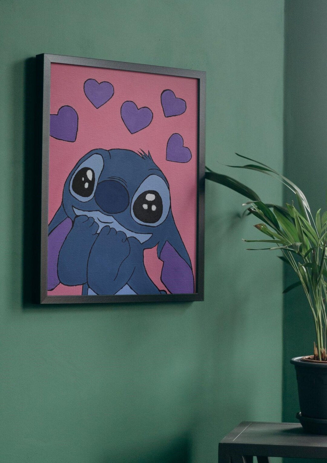 Hand Painted, Stitch Cartoon Painting, Love Heart Stitch Painting - Etsy