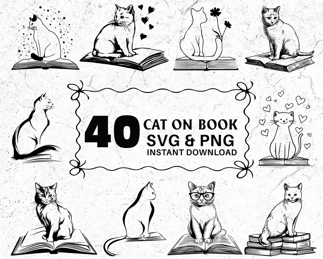 Cat on Book SVG PNG Bundle, Cute Cat Reading Silhouettes, Book Clipart ...