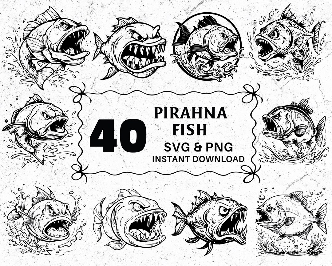 Piranha SVG PNG Clipart Bundle, Water Creature Silhouette, Cricut Cut ...