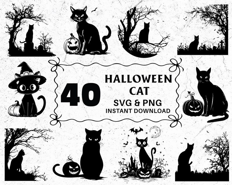 Halloween Black Cat SVG PNG Bundle: Spooky Witch Clipart (digital ...