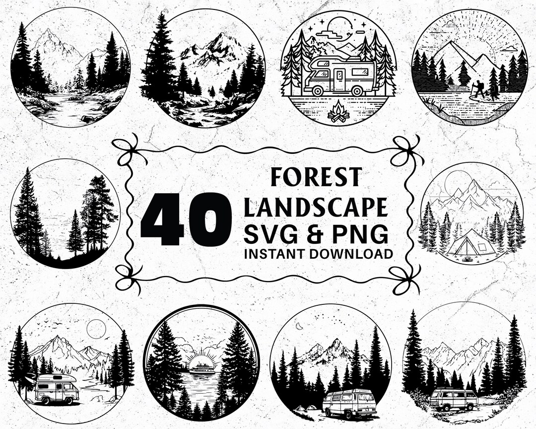 Forest Landscape SVG PNG Bundle: Mountain Trees Silhouette Vector ...