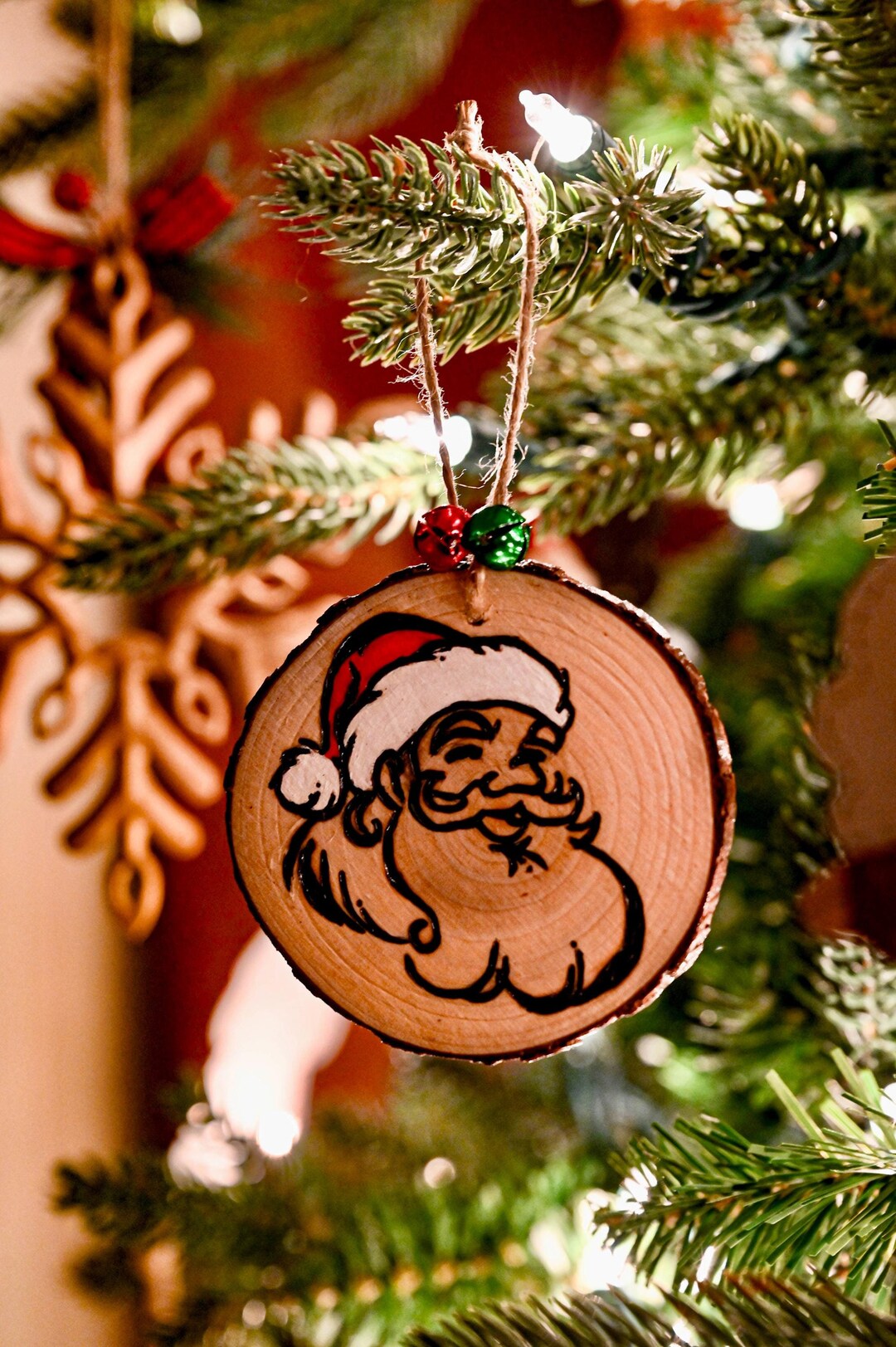 Handmade Wood Burn Santa Ornament, Christmas Tree Décor, Wood Slice ...
