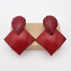 Bold Red Genuine Leather Vintage Clip-on Earrings With Textured ...