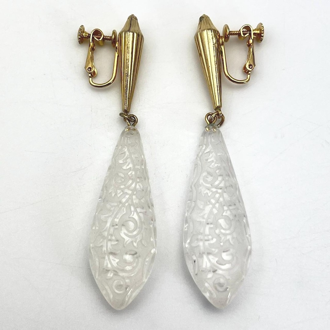 5th Avenue Signed Gold Tone Screw Clip Earrings, Lucite Teardrop Floral ...