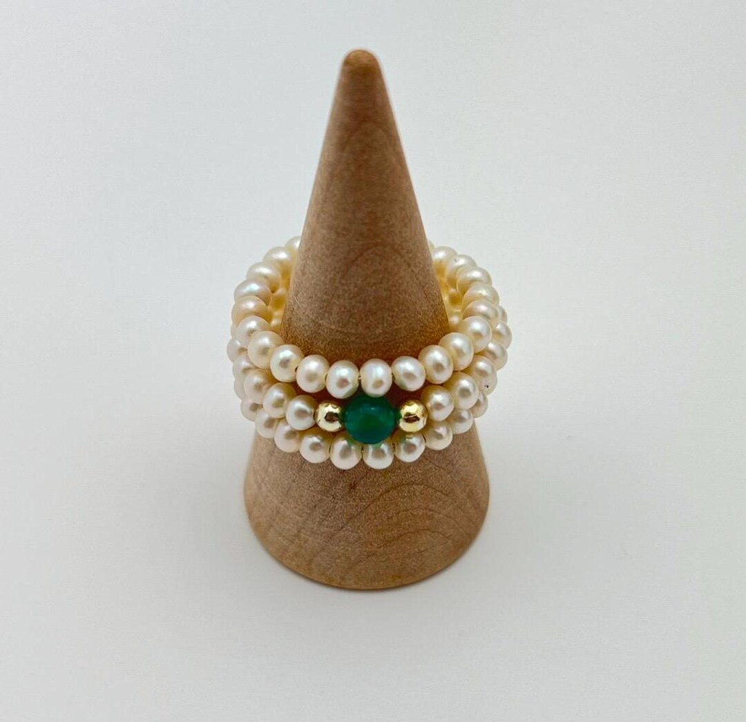 Vintage Adjustable Ring With Cultured Pearls and a Green Gemstone ...