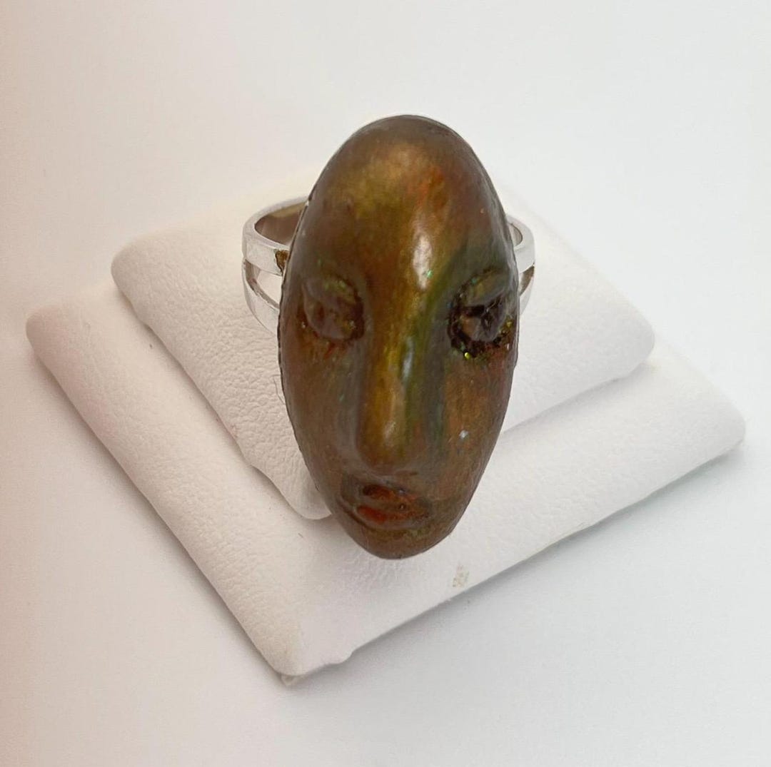 Handcrafted Wooden Face Sculpture Ring With Silver Tone Ring, Hand ...