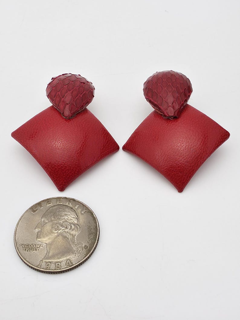 Bold Red Genuine Leather Vintage Clip-on Earrings With Textured ...