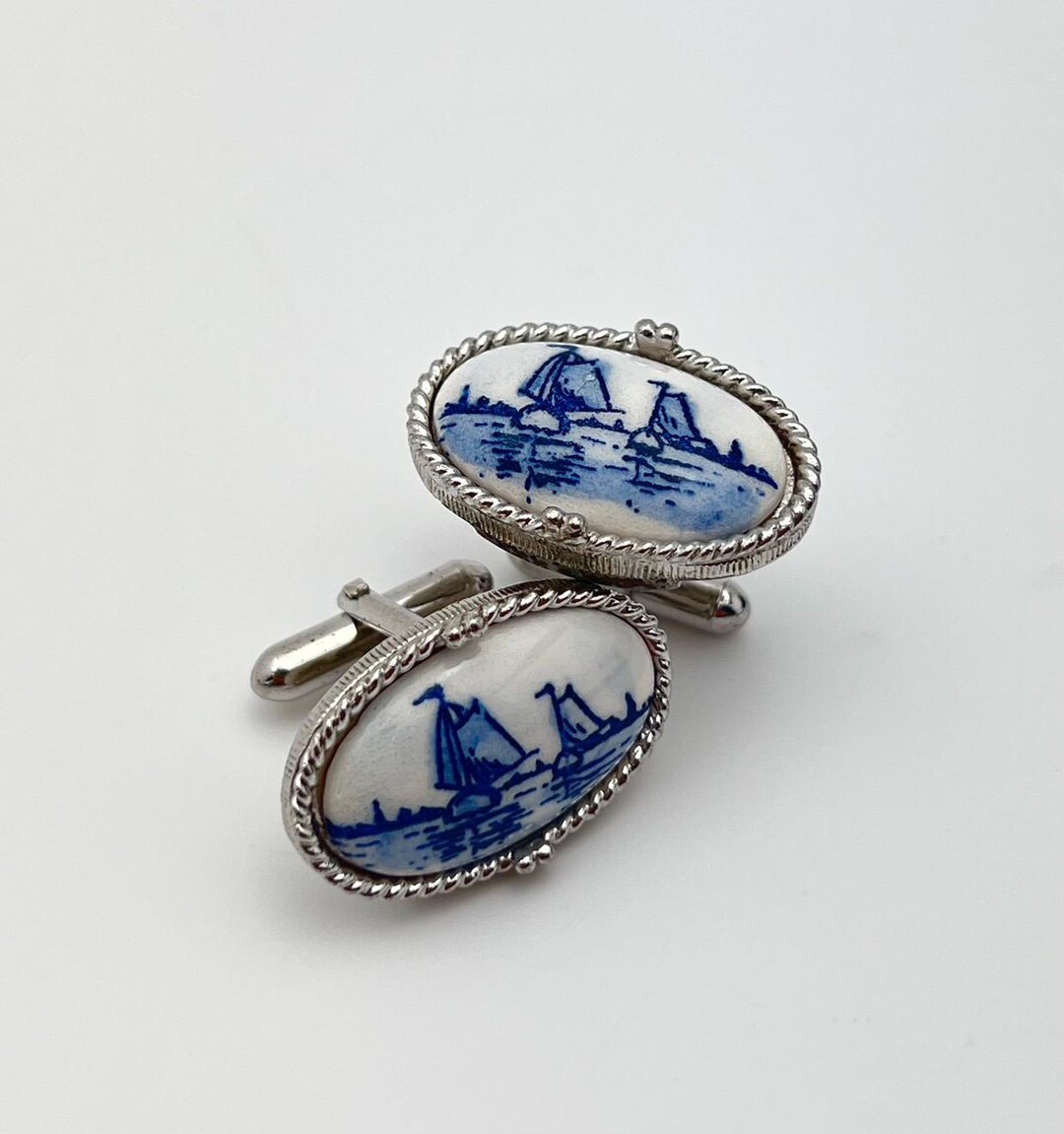 Vintage Swank Cufflinks With Hand-painted Blue Sailing Ships on White ...