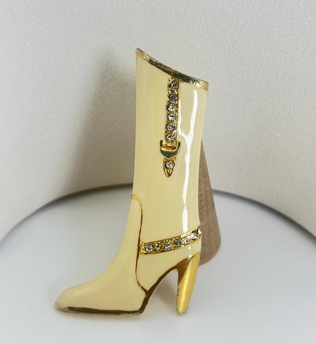 Vintage Enamel High Heel Boot Brooch - Cream With Gold Trim and ...