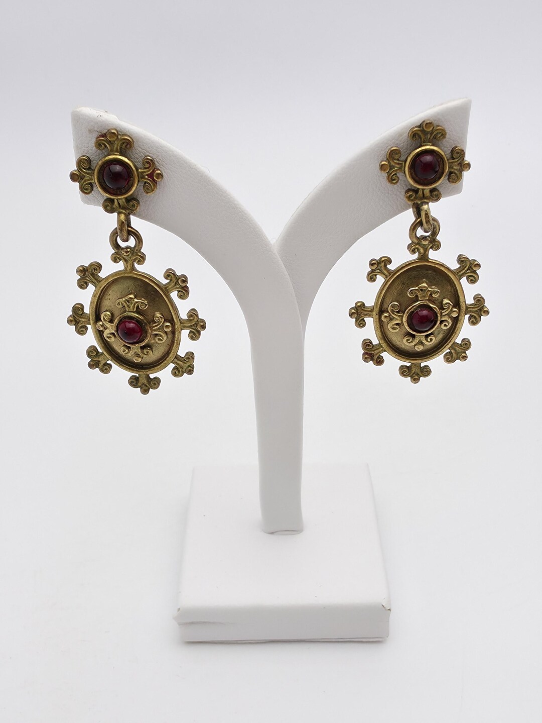 Vintage Signed Leslie Block Gold-tone Dangle Pin Earrings With Red ...