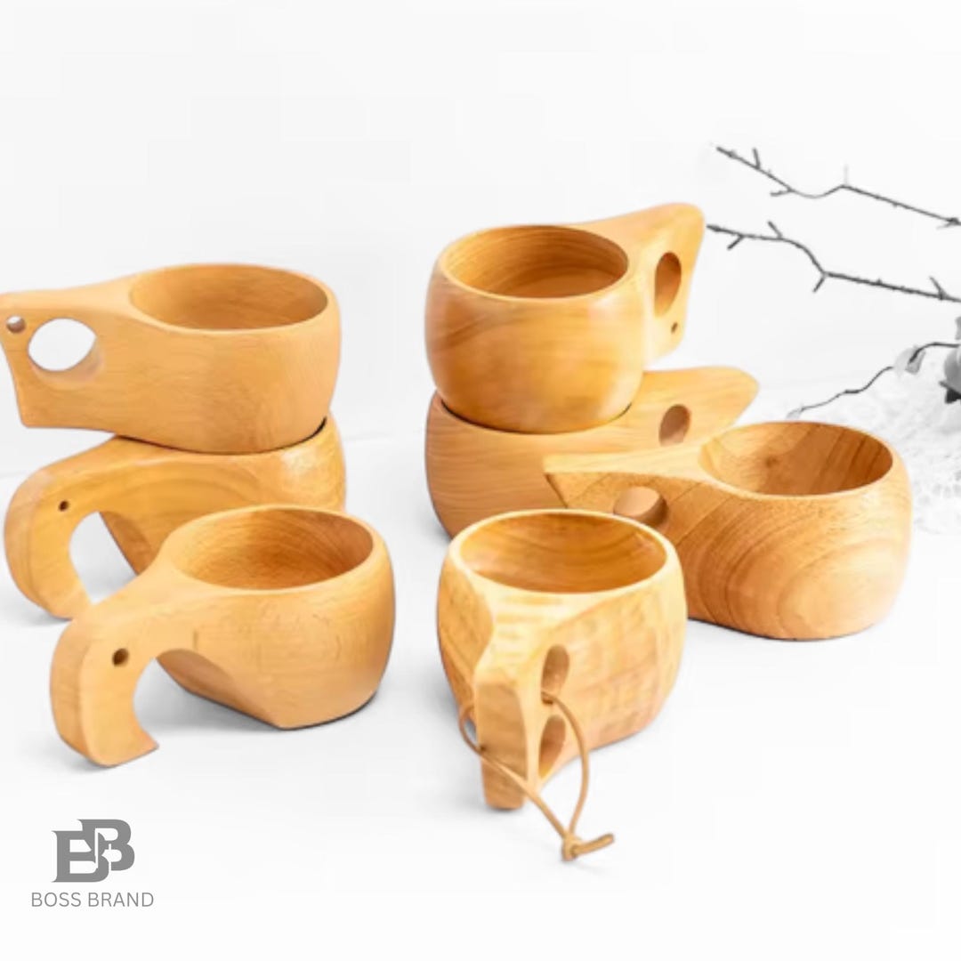 Kuksa Wooden Cup With Handle | Portable Rubber Wood Coffee Mug ...
