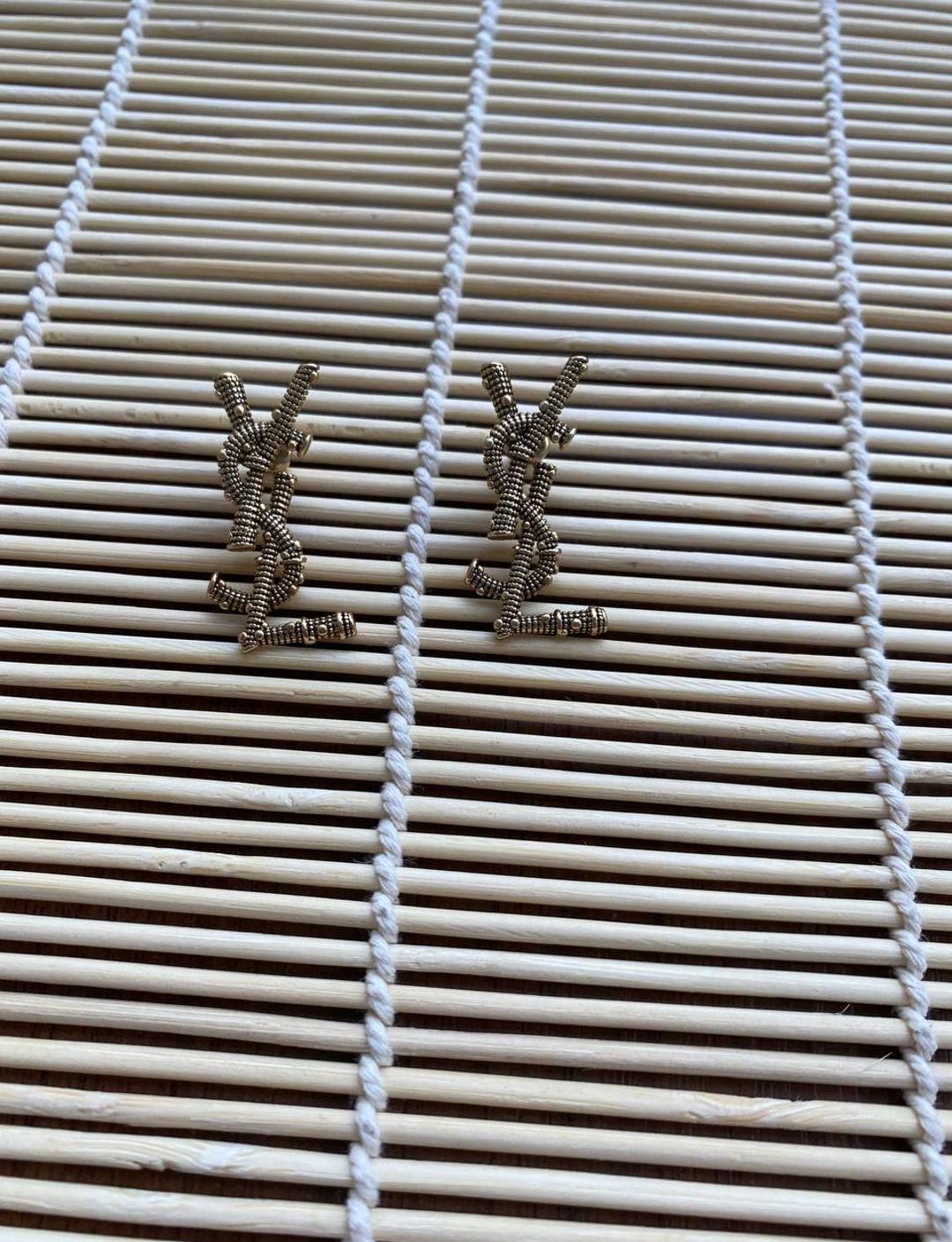 Yves Saint Laurent Gold YSL Logo Textured Stud Earrings - Etsy