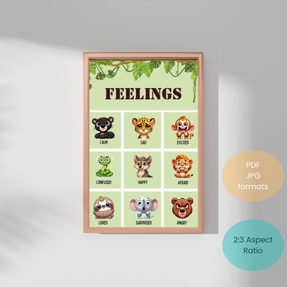 Feelings Chart Poster: Jungle Animal Theme, Montessori SEL (digital ...