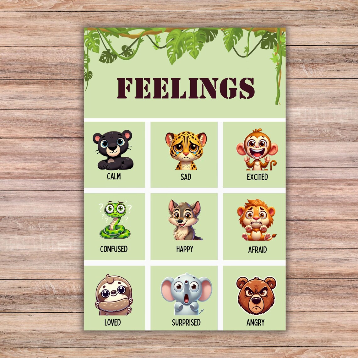 Feelings Chart Poster: Jungle Animal Theme, Montessori SEL (digital ...