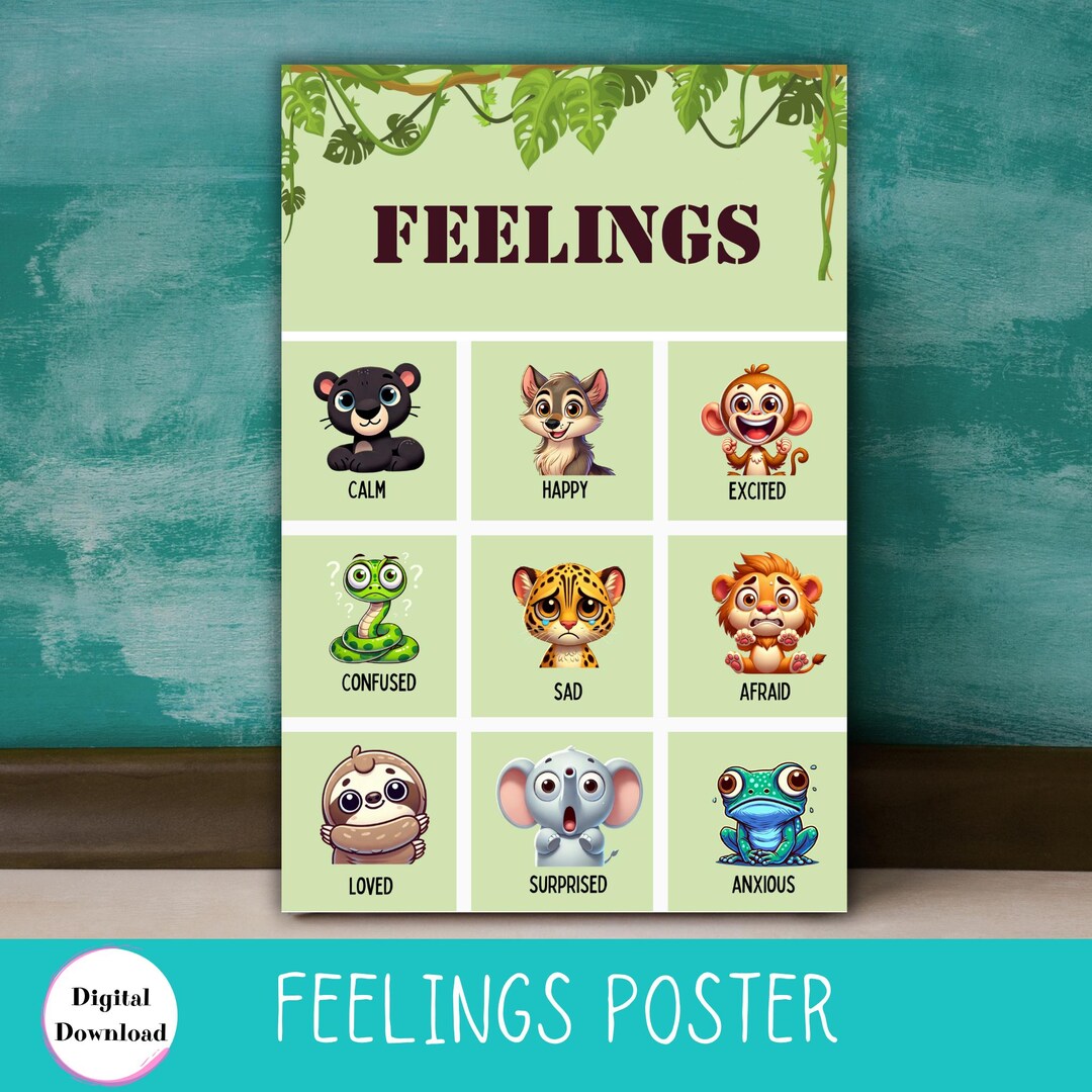 Feelings Chart Poster: Jungle Animal Theme, Montessori SEL (digital ...