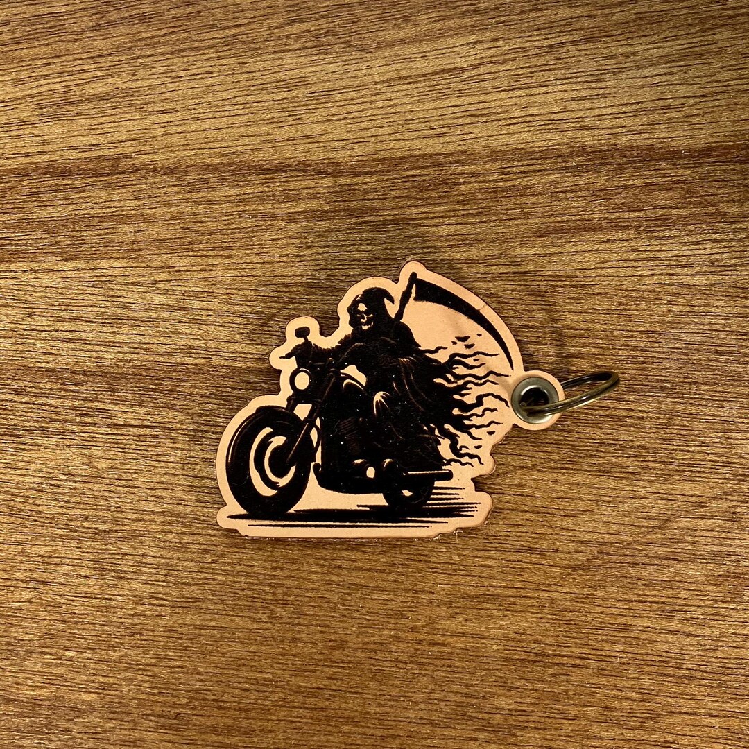 Handmade Leather Keychain Grim Reaper on Motorcycle Unique Laser ...