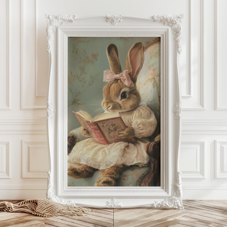 Easter Bunny Reading Print, Vintage Spring Rabbit Wall Art, Nursery ...
