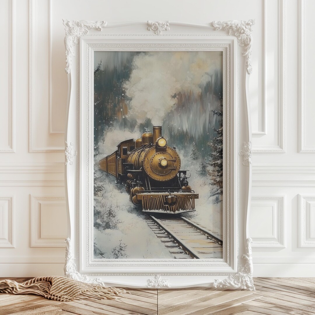 Vintage Christmas Golden Express Train Print Snowy Railroad Wall Art ...