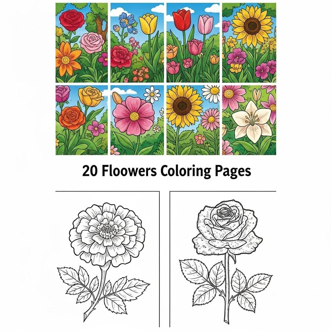 Flower Coloring Book for Kids Adults 20 Fun Printable Pagesdigital ...