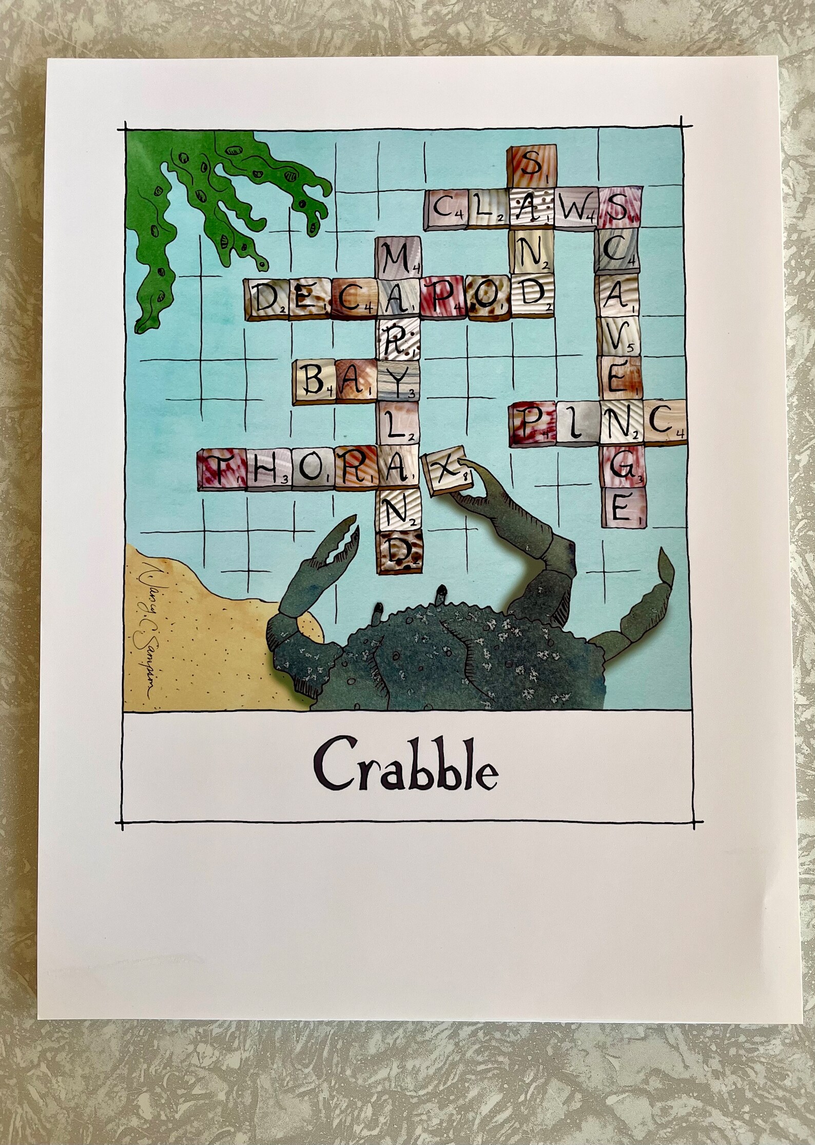 Crab Art Print - Crabble - Crab Game - Words - Collage Art - Lettering ...