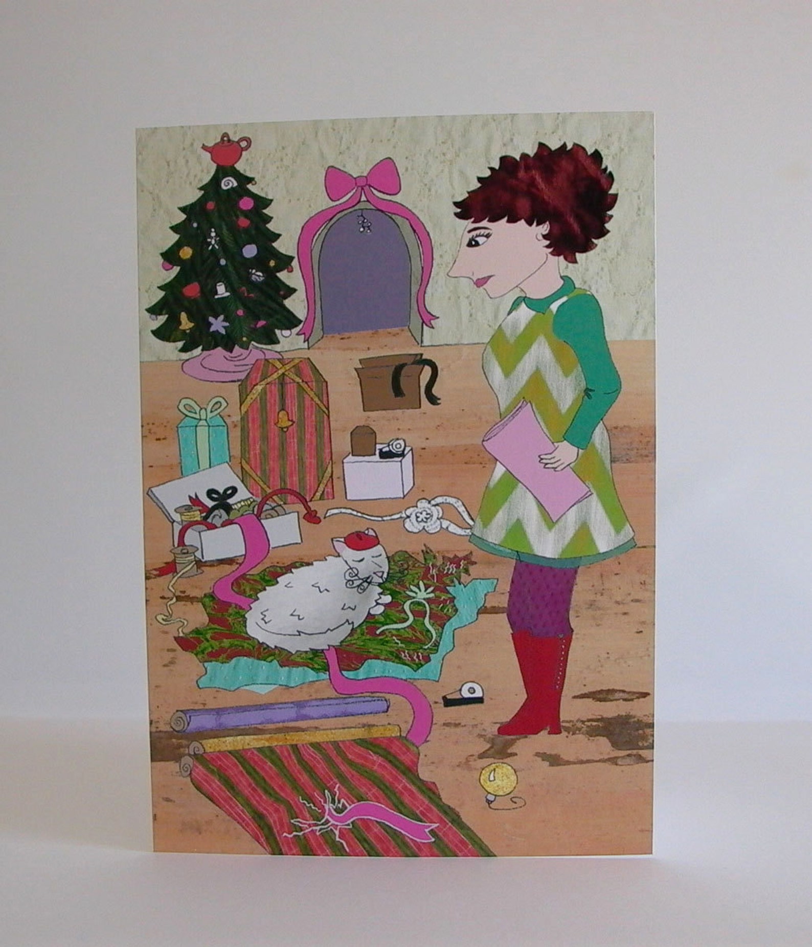 Christmas Greeting Card With Adele and Henrí Wrapping Gifts Woman, Cat ...