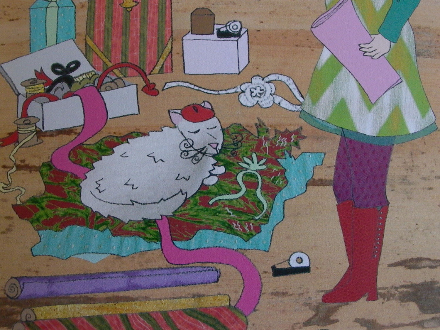 Christmas Greeting Card With Adele and Henrí Wrapping Gifts Woman, Cat ...