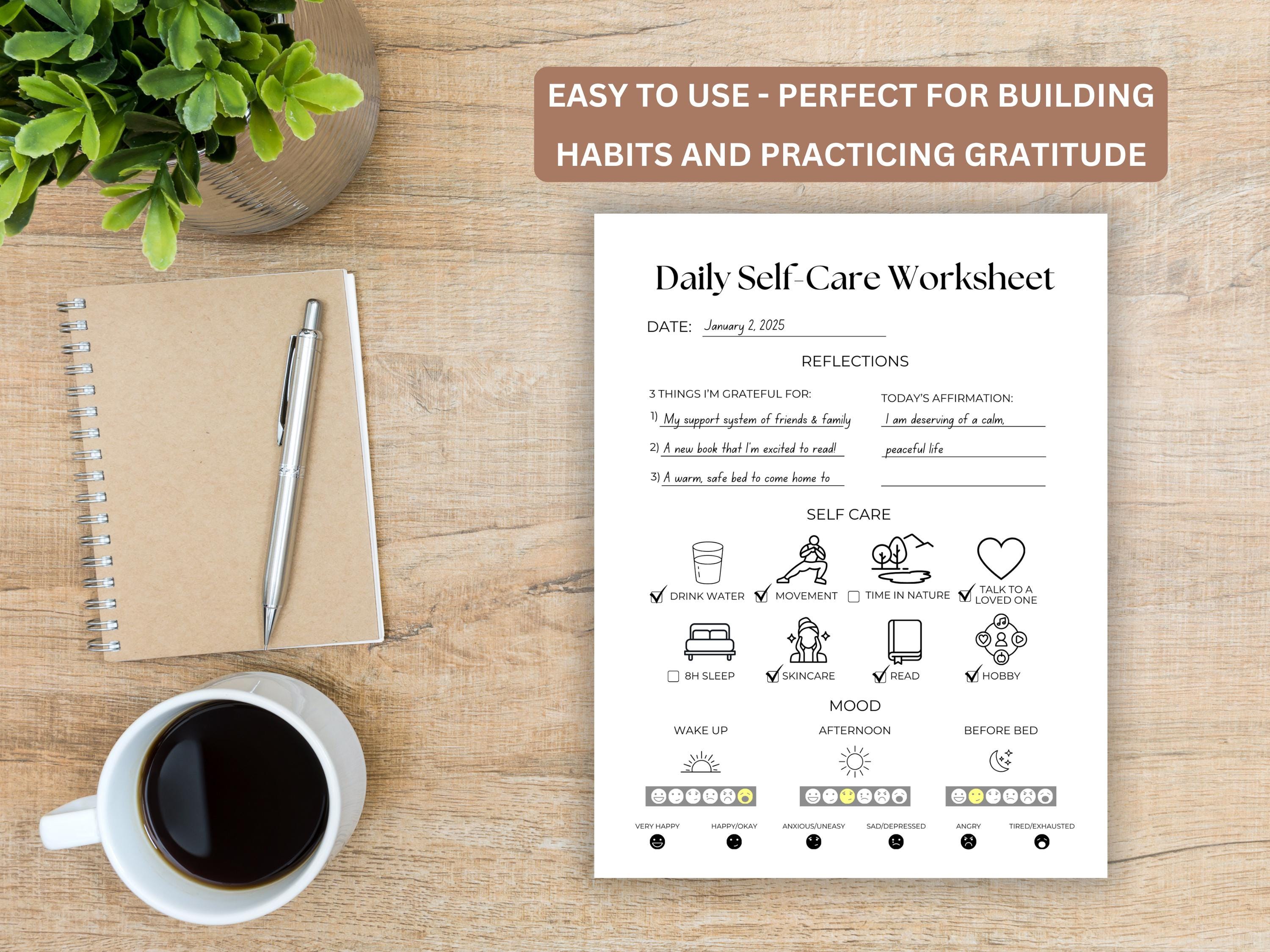 Self-care Digital Printable Worksheet | Wellness & Gratitude Habit ...