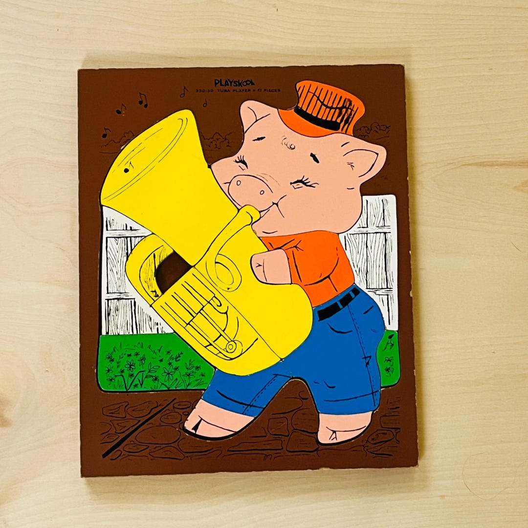 Vintage Playskool Tuba Playing Pig Inlaid Hard Board Puzzle Animal ...
