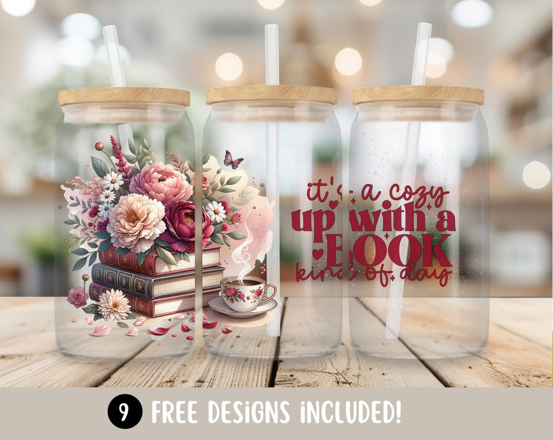 Book Reader 16oz Libbey Glass Cup Wrap PNG, Floral Books Glass Can ...