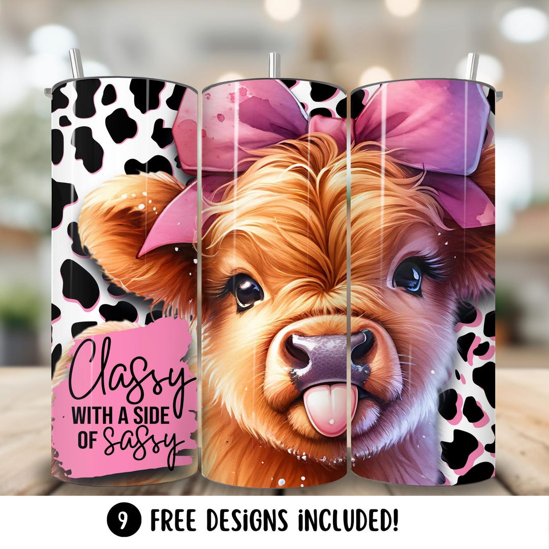 Pink Highland Cow Tumbler Wrap, Cute Cow PNG, Sassy Cow 20oz Skinny ...