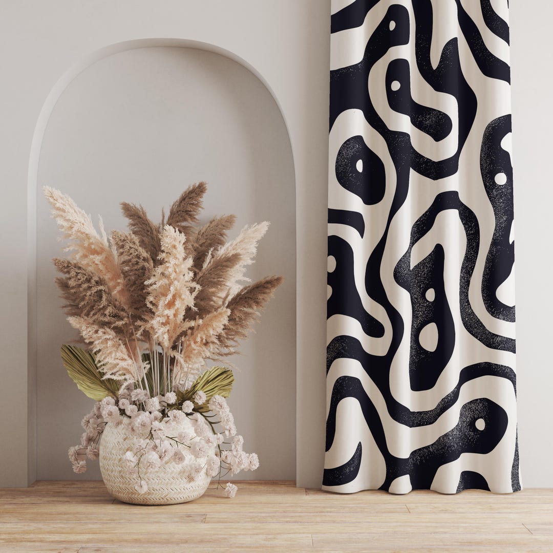Abstract Organic Shapes Curtains, Black and White, Modern Wavy Pattern ...