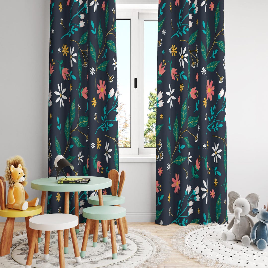 Midnight Floral Curtain, Bold Floral Panel Curtain, Modern Floral ...