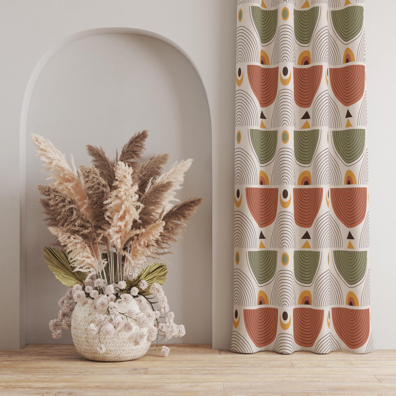 Abstract Arc Curtain, Mid-century Modern Geometric Curtain, Minimalist ...