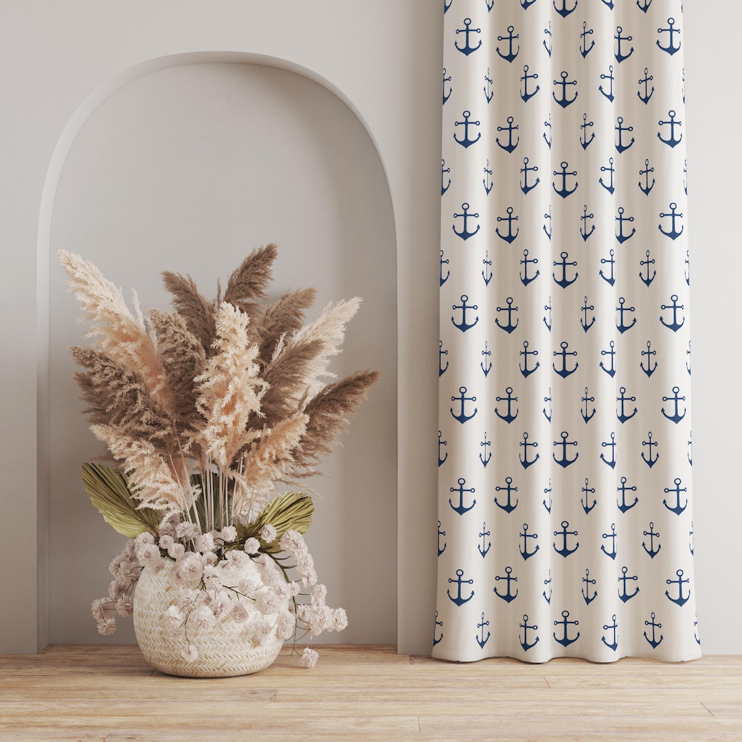 Nautical Anchor Curtain, Blue White Nautical Curtain, Anchor Pattern ...