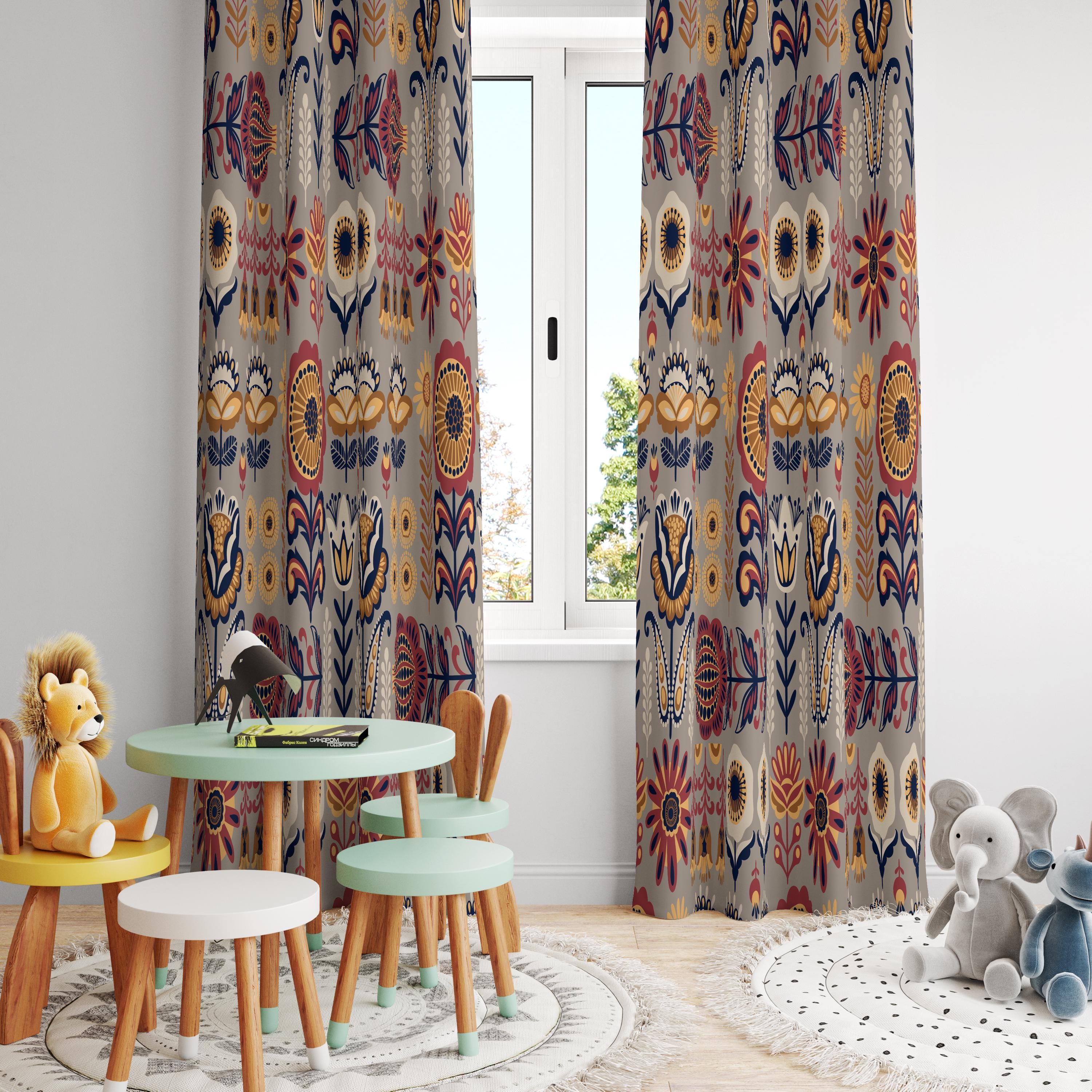 Bold Folk Art Pattern Drapery, Colorful Ethnic Curtain, Vibrant Tribal ...