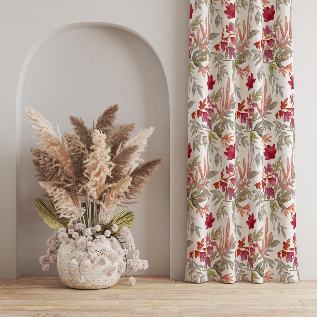 Vibrant Floral Drapery, Botanical Pattern Drapes, Red Green Floral ...