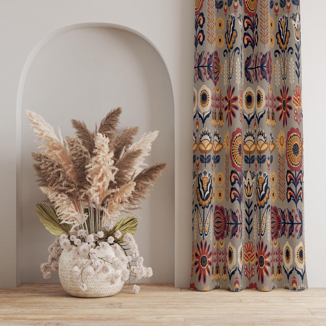 Bold Folk Art Pattern Drapery, Colorful Ethnic Curtain, Vibrant Tribal ...