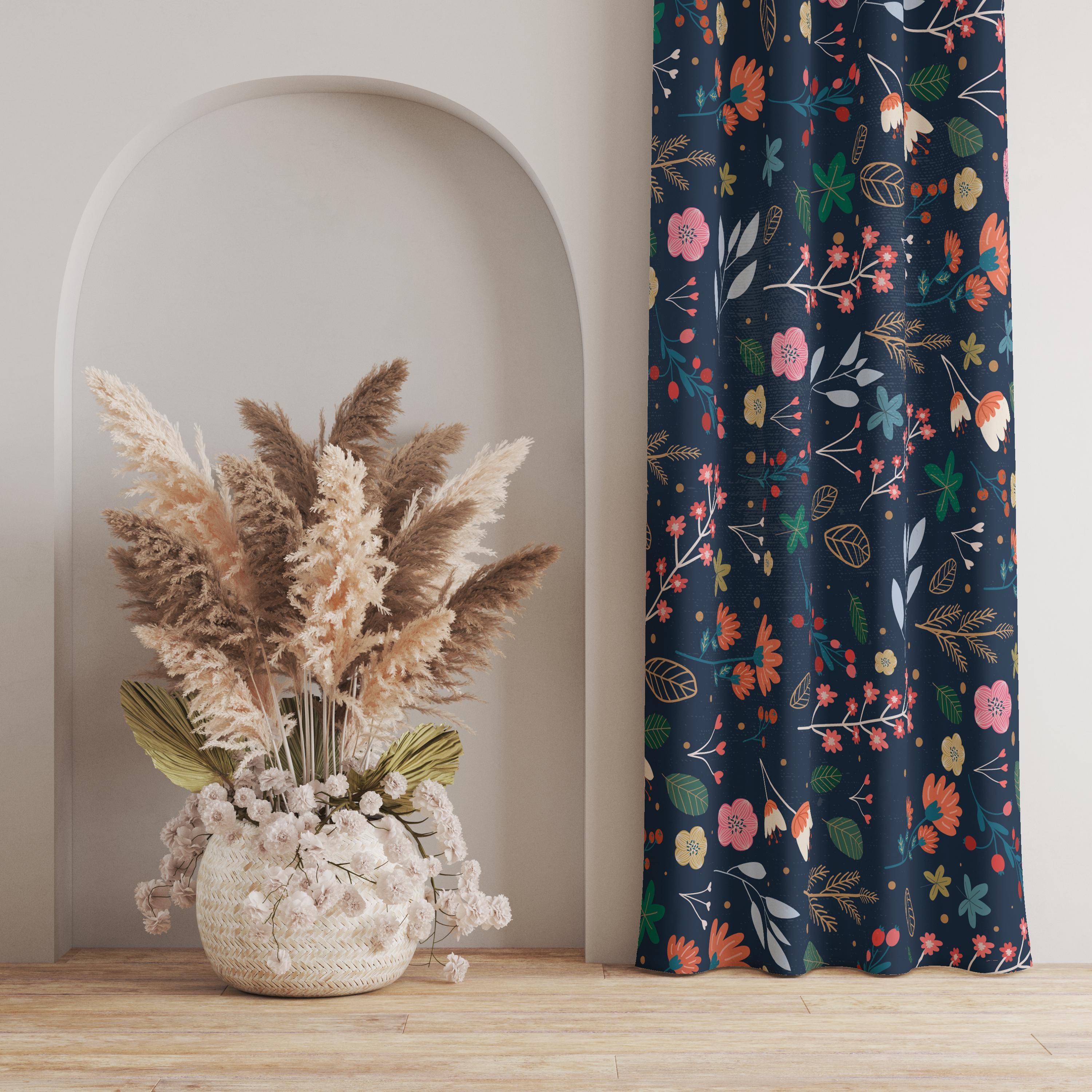 Bold Floral Curtain, Modern Botanical Print Drapery, Vibrant Floral ...