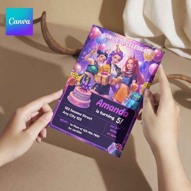 Kpop Birthday Invitation Template, Demon Hunters, Editable Canva ...