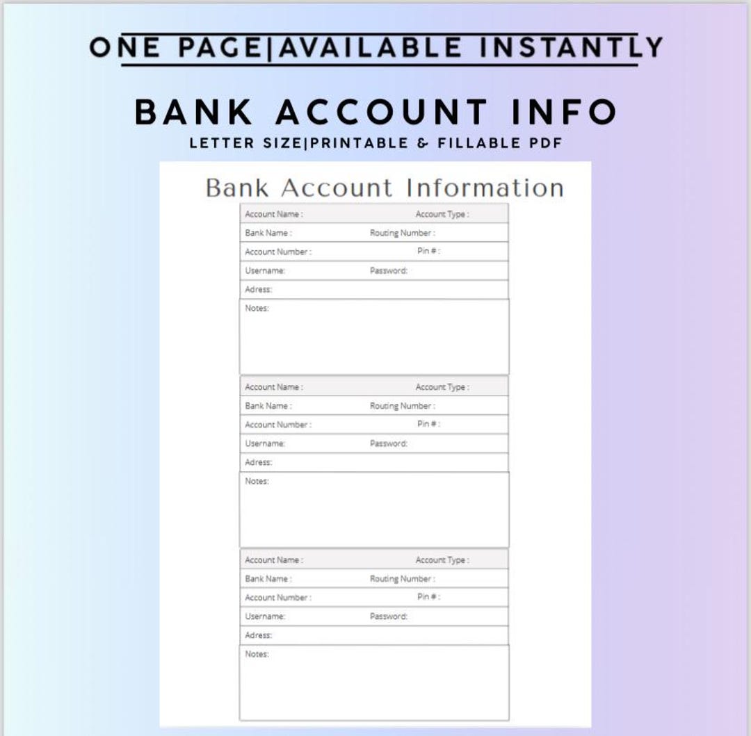Bank Account Information Tracker Printable, Finance Planner Page, Bank ...