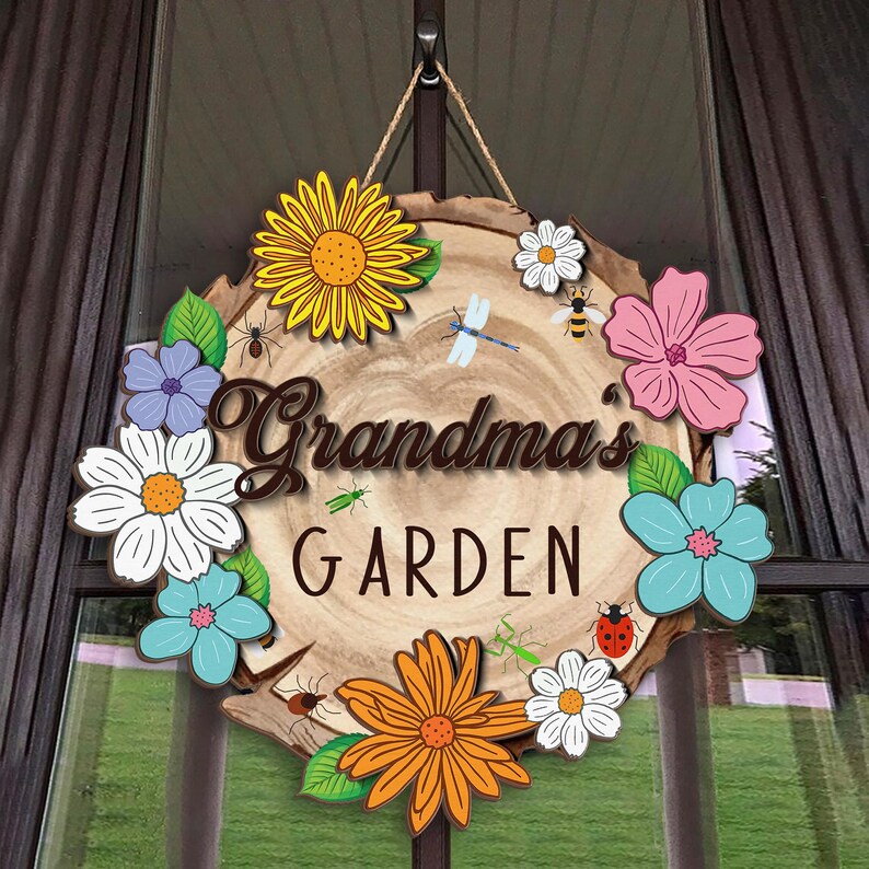 Personalized Garden Hanging Wooden Log Sign With Floral Nana's Garden ...