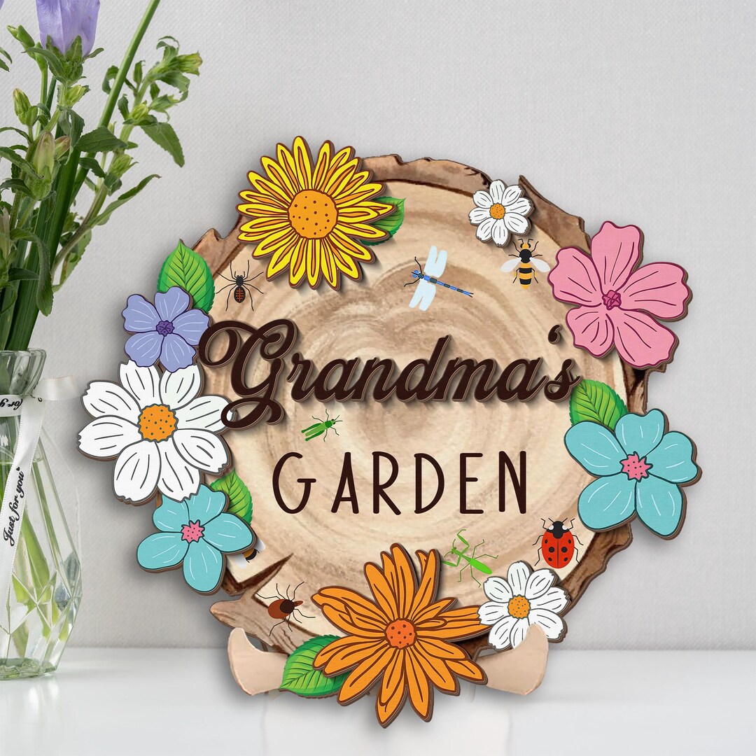 Personalized Garden Hanging Wooden Log Sign With Floral Nana's Garden ...